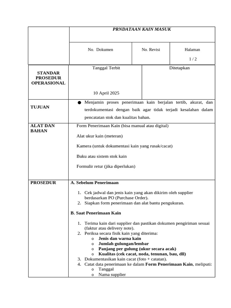 SOP Pendataan Kain Masuk | PDF