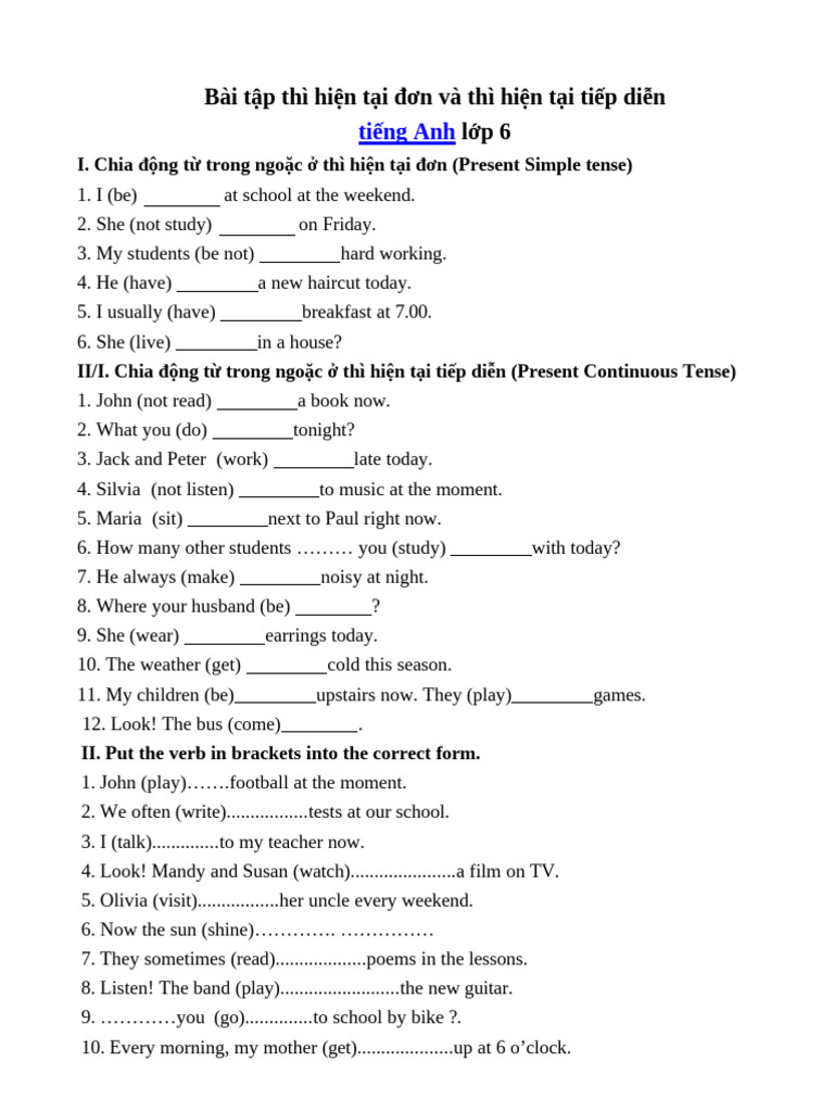 Bai Tap Thi Hien Tai Don Va Thi Hien Tai Tiep Dien Lop 6 | PDF