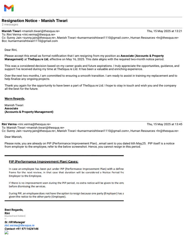 Manish Tiwari Resignation Notice | PDF