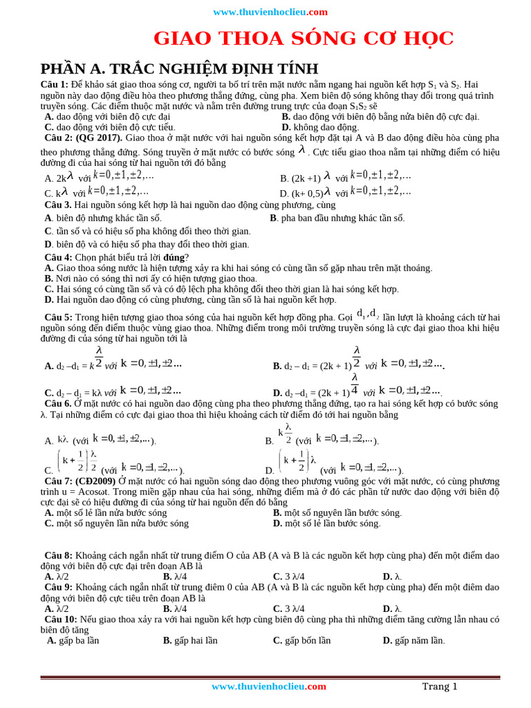 Bai Tap Giao Thoa Song Co Co Dap An | PDF