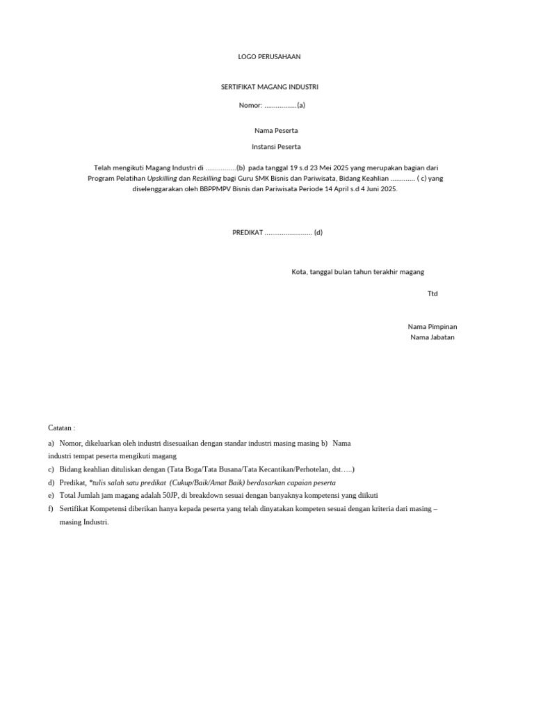 Contoh Sertifikat Magang Industri | PDF