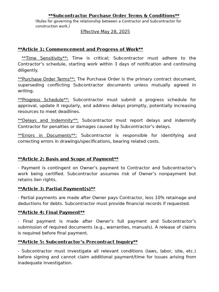 Subcontractor Purchase Order Terms Final Summary | PDF | Employment ...