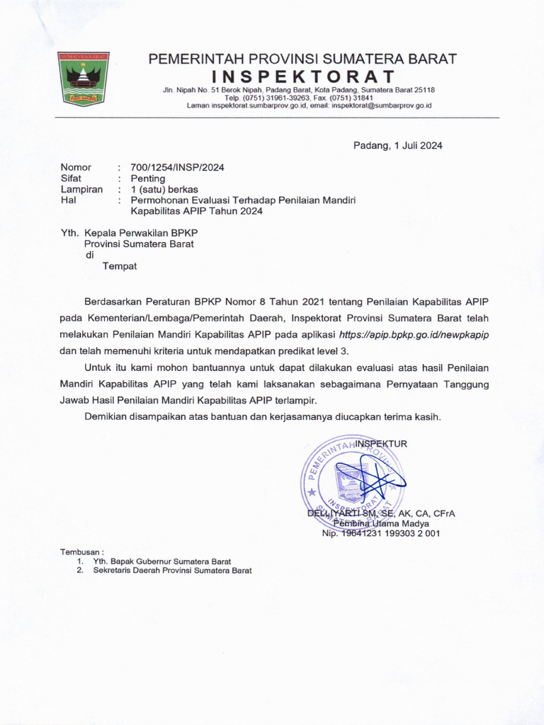 Surat Permohonan Evaluasi PK APIP Inspektorat Prov Sumbar 2024 | PDF