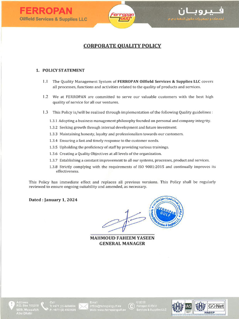 Year 2024 Corporate Quality POLICY | PDF