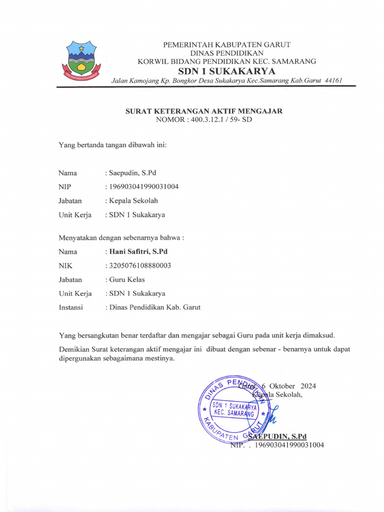 Surat Aktif Mengajar - Hani Safitri | PDF