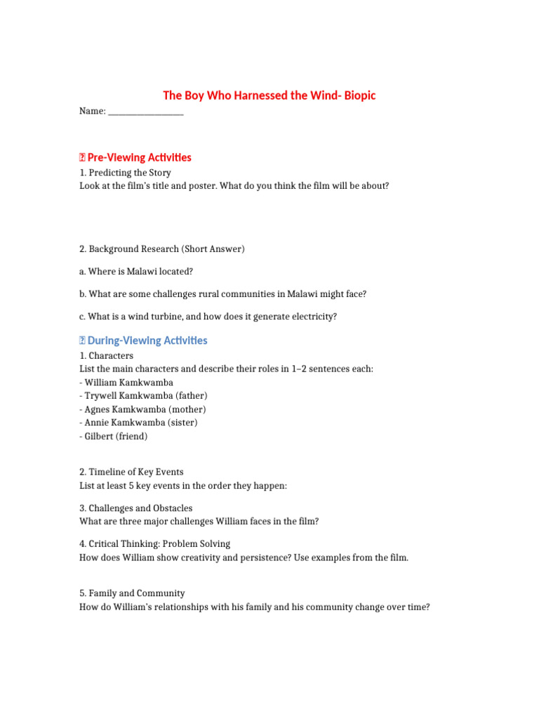 The Boy Who Harnessed The Wind Worksheet | PDF