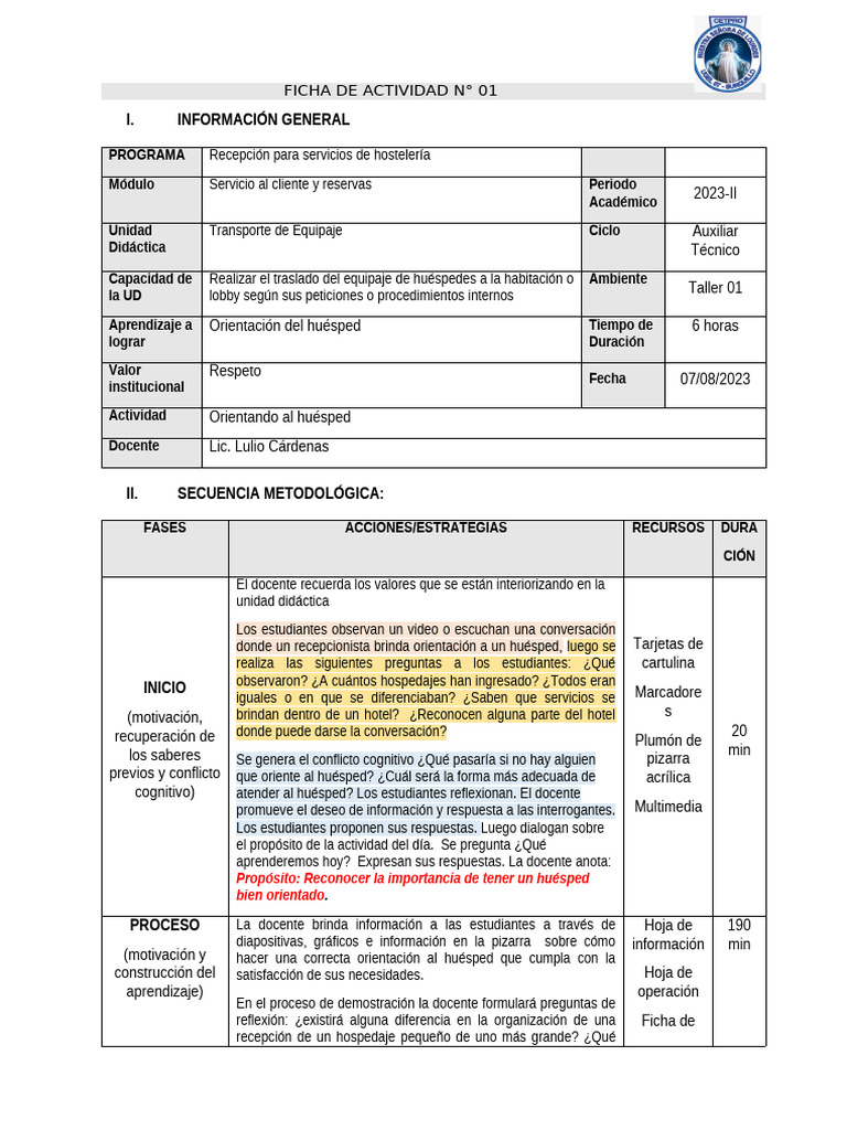FICHA DE ACTIVIDAD 2023-2 Servicio Al Cliente y Reservas | PDF | Metacognición | Evaluación