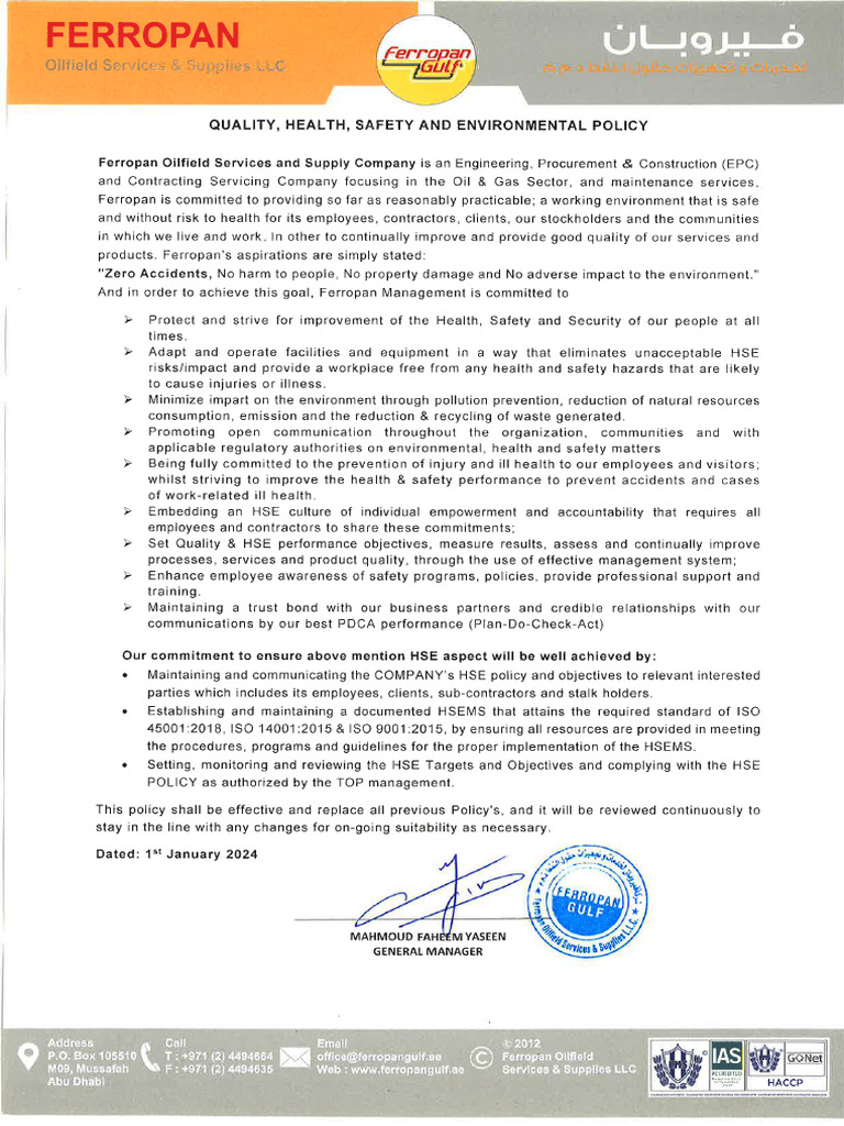 Year 2024 Corporate Qhse Policy | PDF