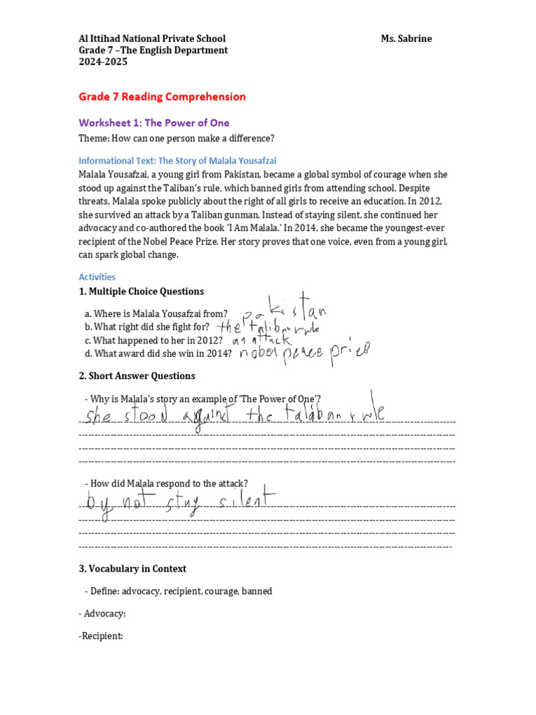 Grade7 Informational Text Worksheet1 | PDF | Malala Yousafzai