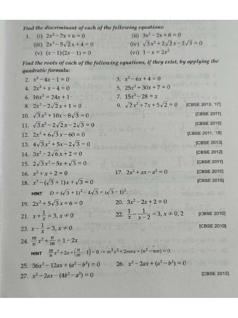 Worksheet Chapter Quadratic Equation Class 10 | PDF