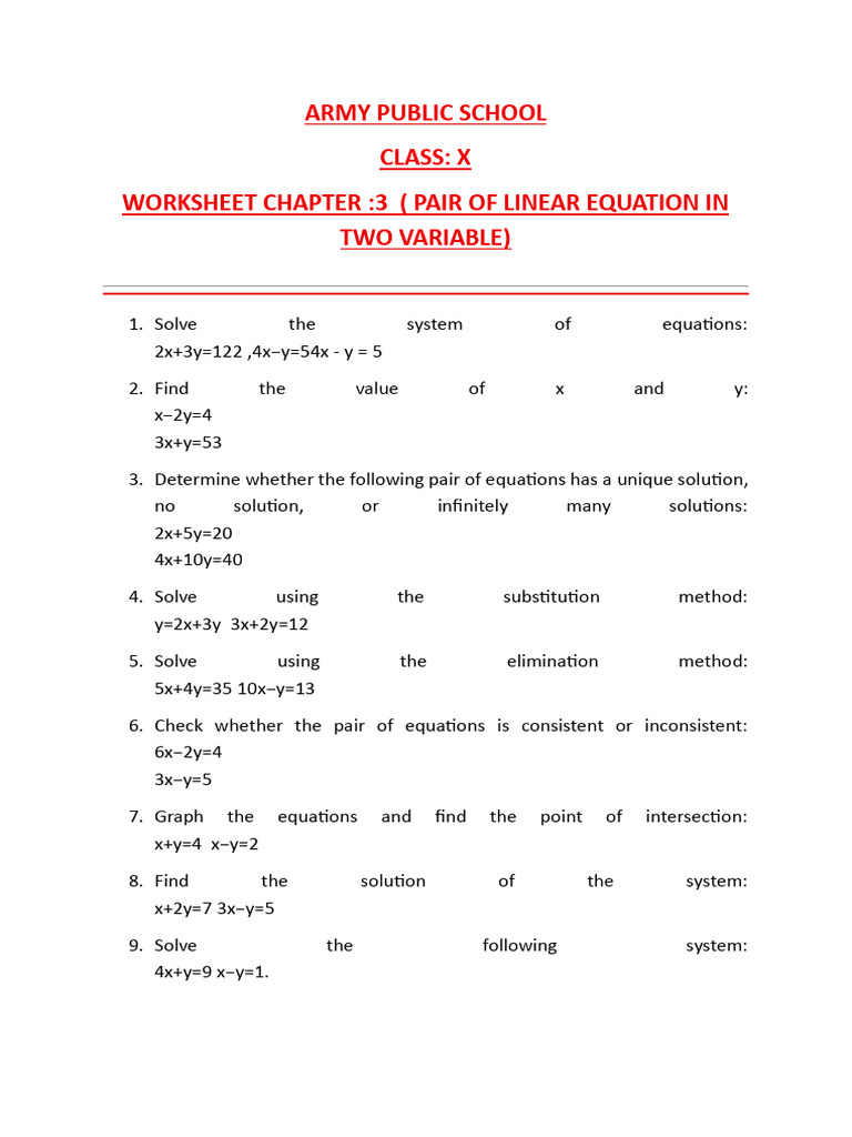Worksheet Class 10 CH 2 PAIR of Linear Eqn in Two Variable | PDF