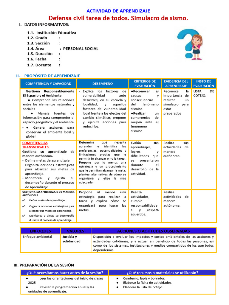D3 A3 SESION PS. Defensa Civil Tarea de Todos. Simulacro de Sismo | PDF | Aprendizaje | Defensa ...