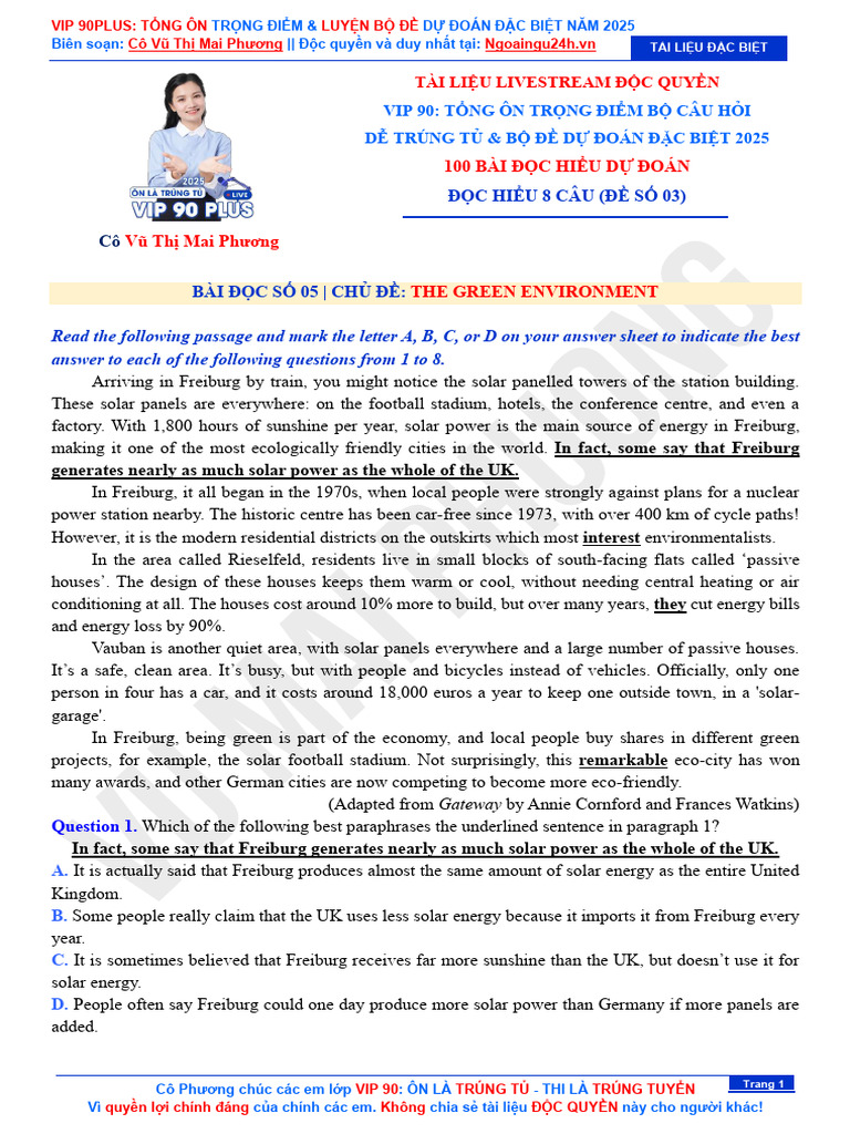 Vip 90 Doc Hieu 50 Bai Doc Hieu 8 Cau Trong Diem Mua Thi Nam 2025 Bai 5 6 | PDF | Solar Power