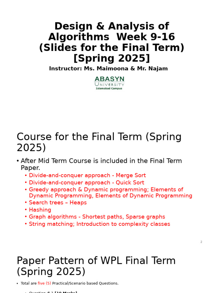 AOA - Week 9-16 (Final Term) | PDF | Dynamic Programming | Applied Mathematics