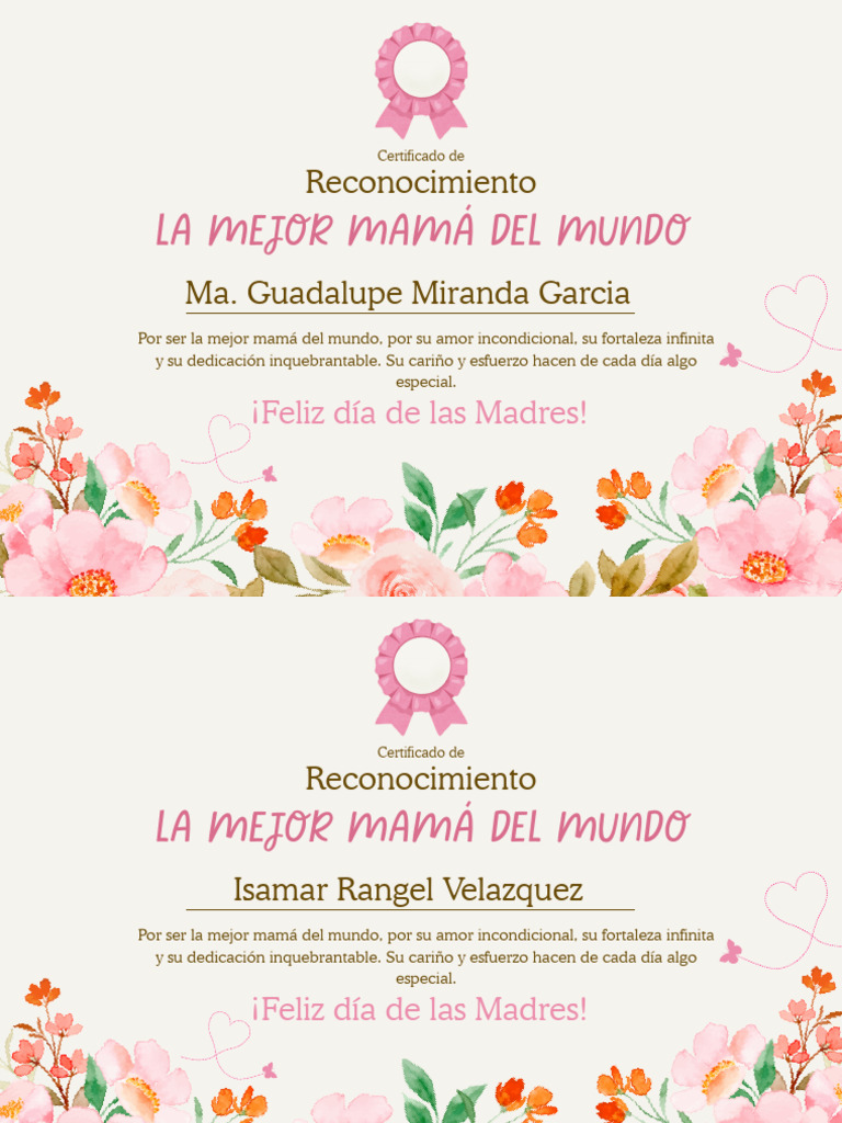 Certificado de Reconocimiento Día de Las Madres Moderno Floral Rosa | PDF