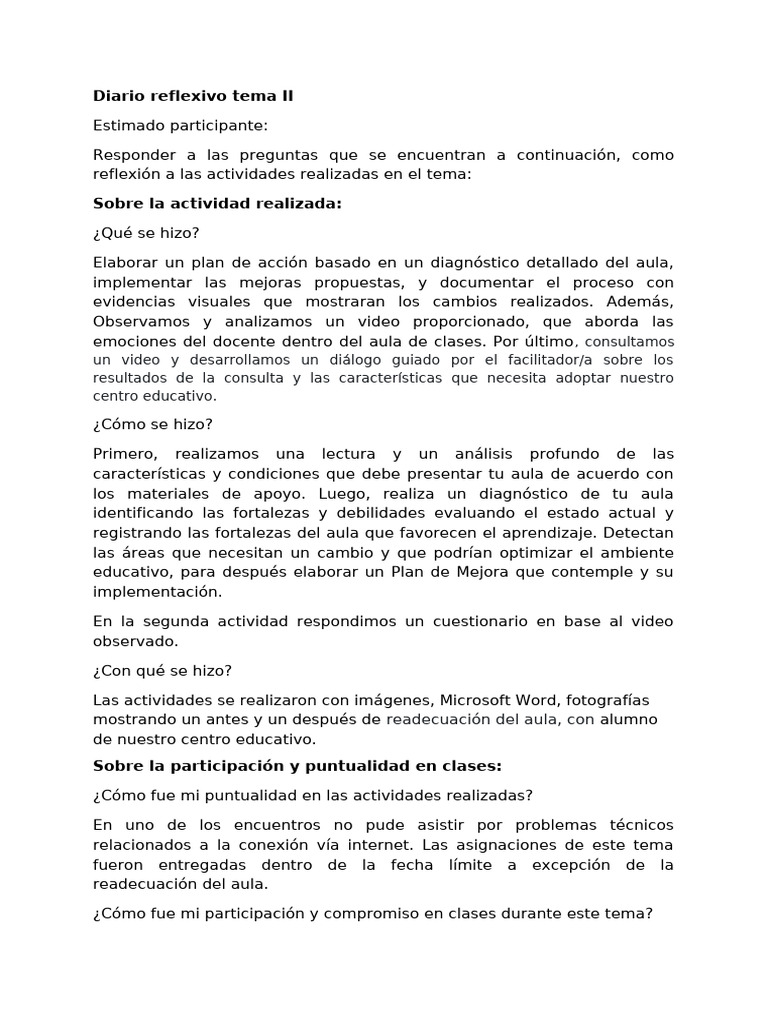 Diario Reflexivo MOD. IV Tema 2 | PDF | Salón de clases | Aprendizaje