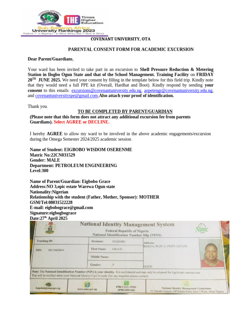 Excursion Parental Consent Form Spe (1) 1 | PDF