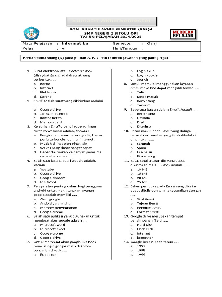 Soal PAS Semester 1 2024 2025 Kelas 7 | PDF