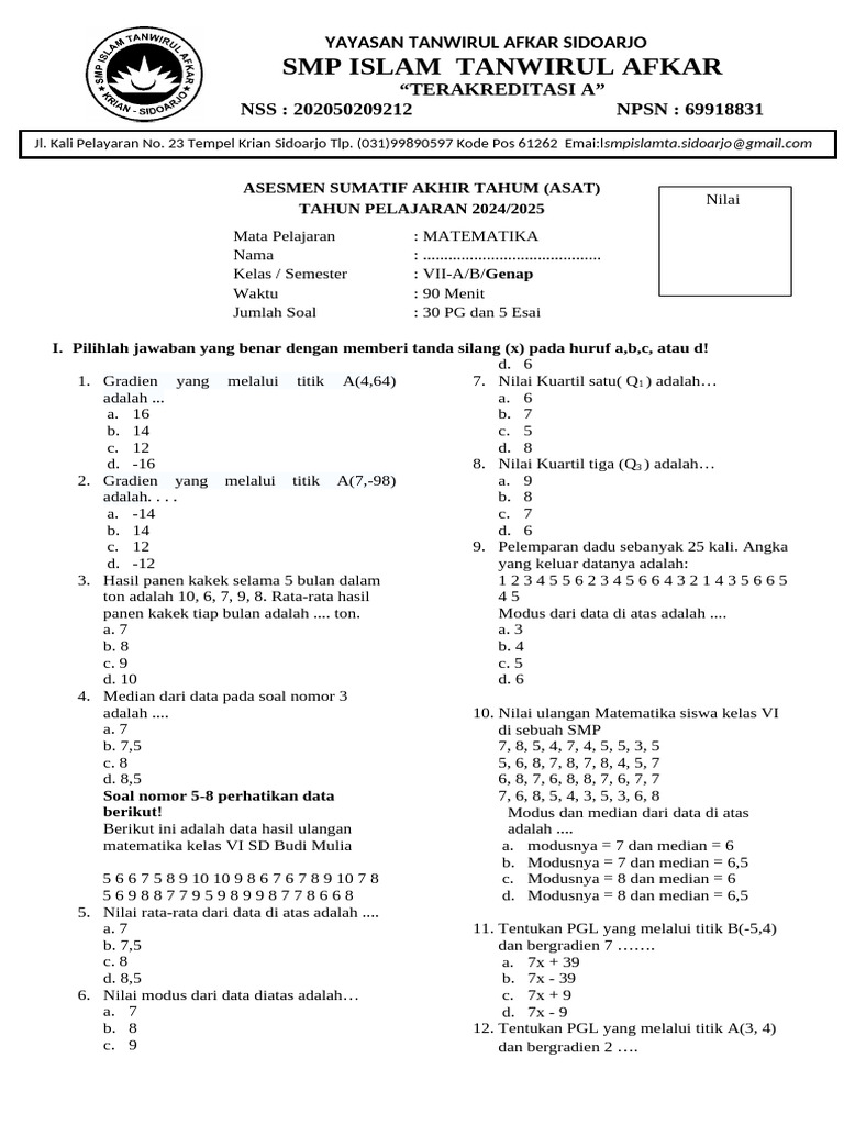 (Soal Asat_mtk _kelas 8a-b) | PDF