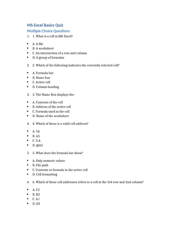 MS Excel Basics Quiz | PDF
