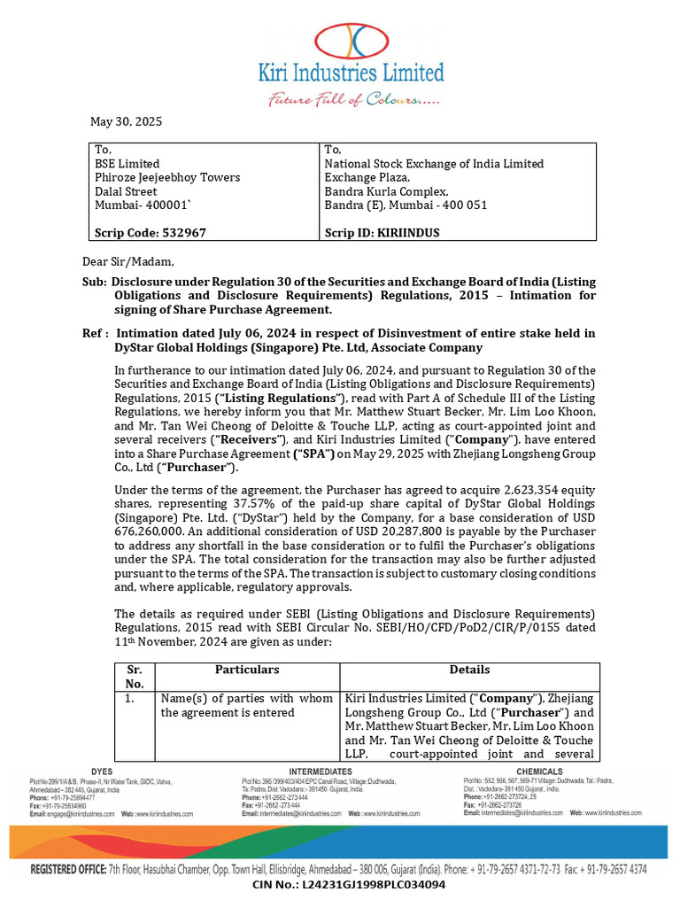 Kiriindus 30052025092237 Intimation | PDF | Equity Securities | Financial Markets