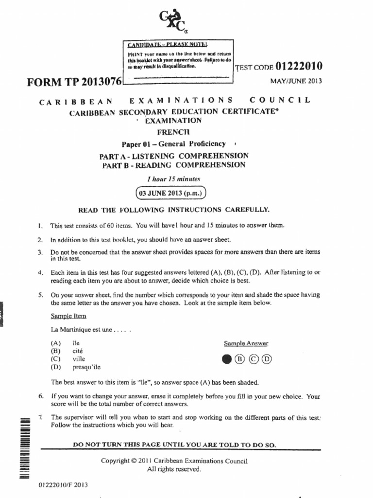 CSEC French June 2013 Paper 1 (Question Paper) | PDF