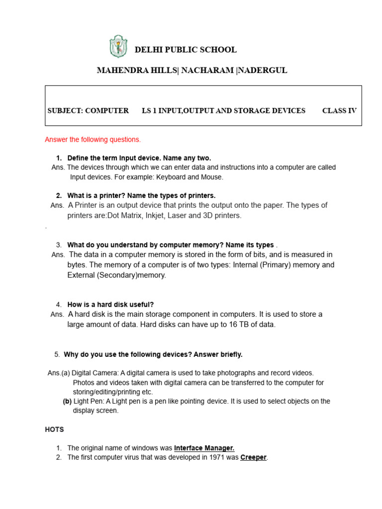 Class-4 Computer TERM - 1 | PDF | Computer Data Storage | Input/Output
