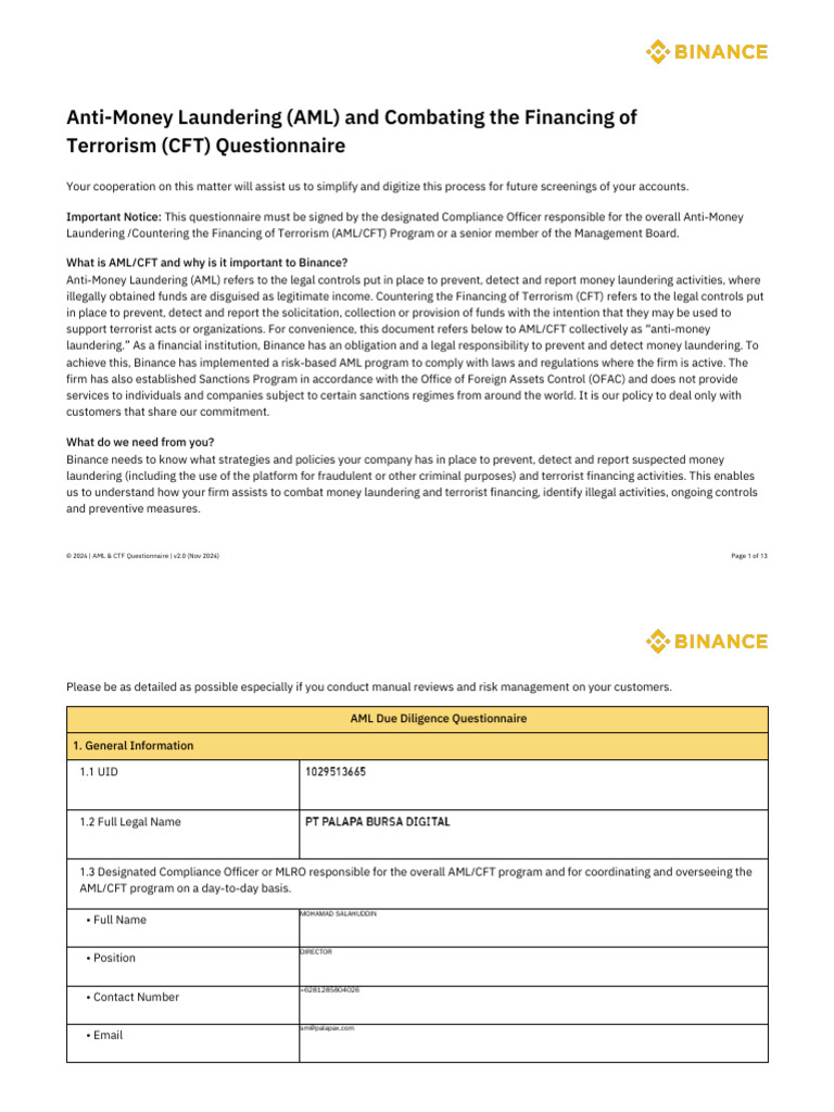 Binance AML Questionnaire | PDF | Terrorism Financing | Money Laundering