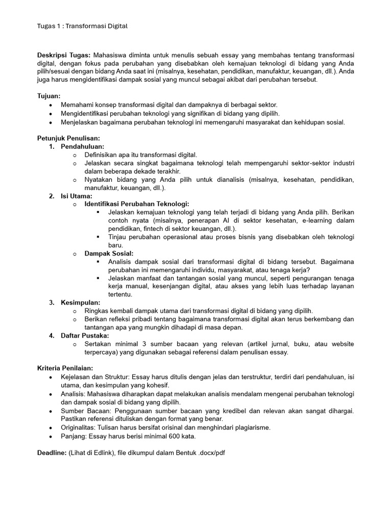 Tugas 1 - Essay Tentang Transformasi Digital Dan Dampaknya | PDF