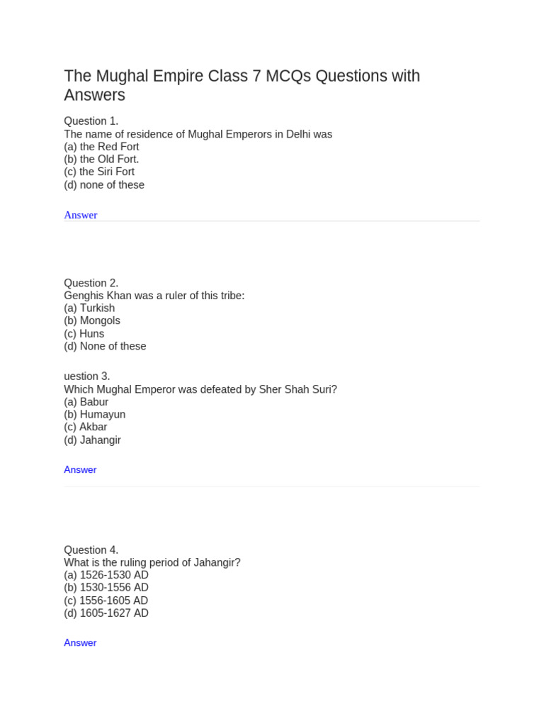 The Mughal Empire Class 7 MCQs Questions With Answers | PDF | Mughal Empire