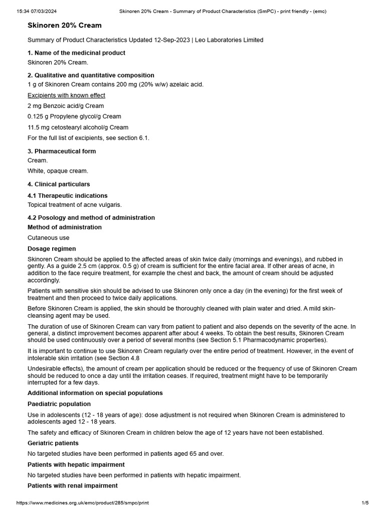 Skinoren 20% Cream - Summary of Product Characteristics (SMPC) - Print ...