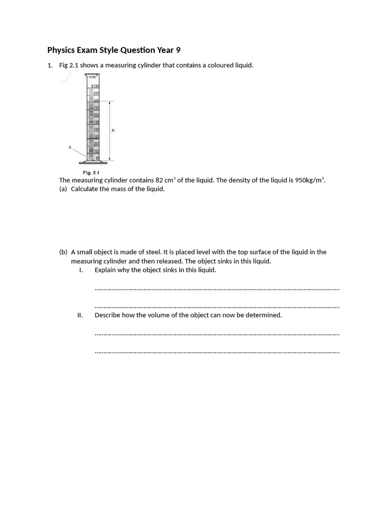 Year 9 Physics Exam Questions | PDF | Density | Liquids