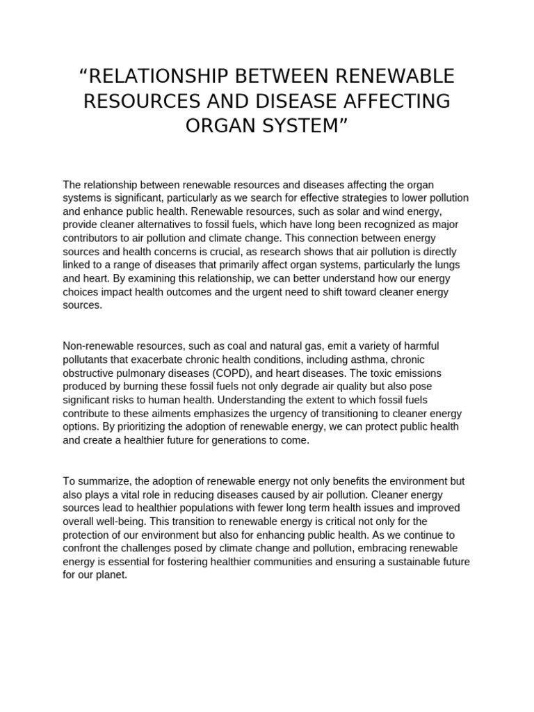 Relationship Between Renewable Resources and Disease Affecting Organ Syste1 | PDF
