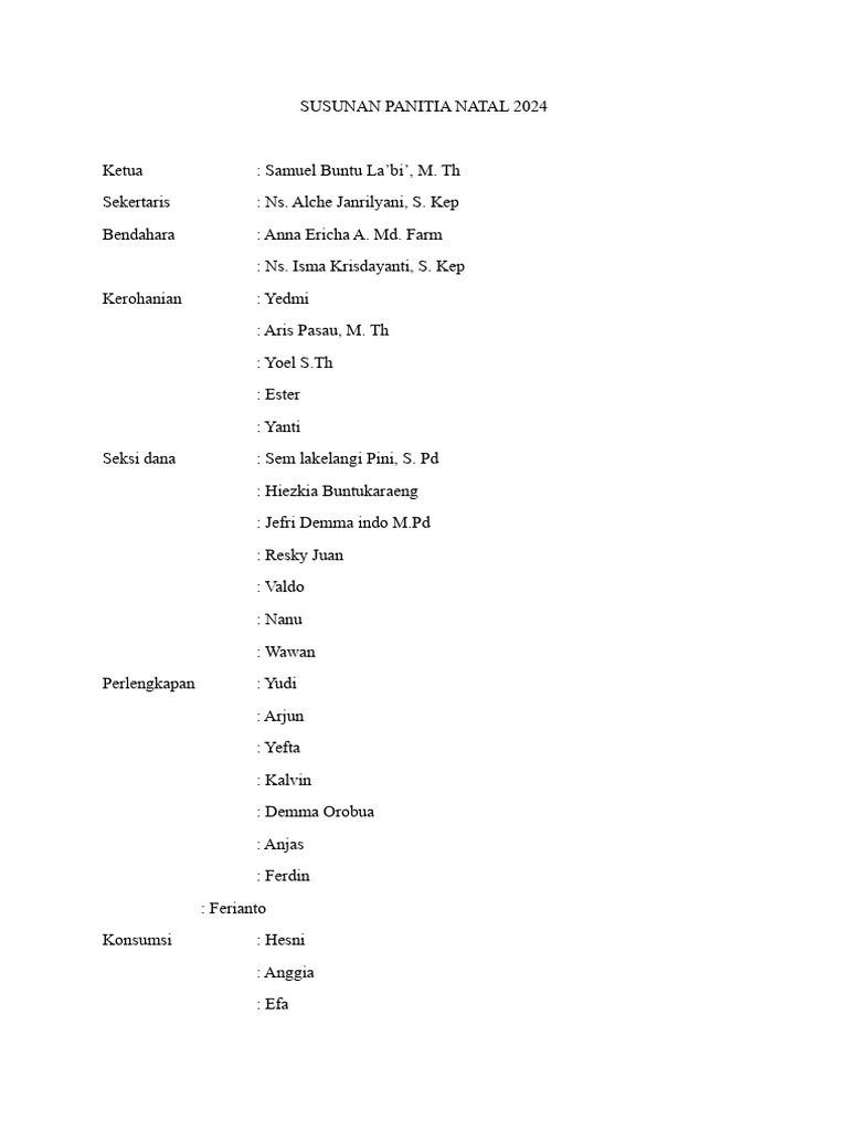 Susunan Panitia Natal 2024 | PDF