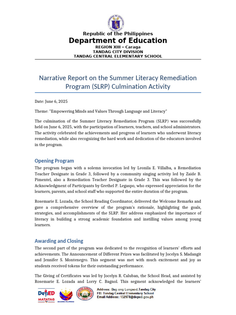 SLRP Culmination Report: Celebrating Literacy | PDF | Literacy | Pedagogy