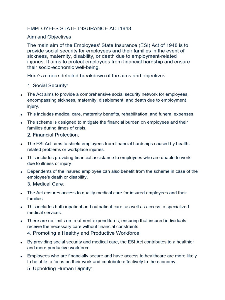 19 Aims and Objectives of ESI ACT | PDF