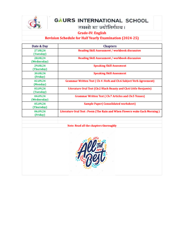Grade-IV Revision Schedule for Half Yearly Examination(2024-25) | PDF