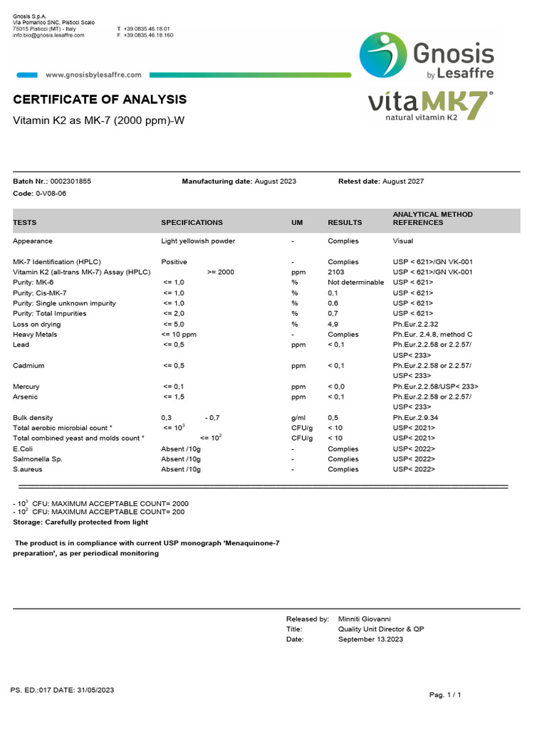 Certificate of Analysis: Vitamin K2 As MK-7 (2000 PPM) - W | PDF