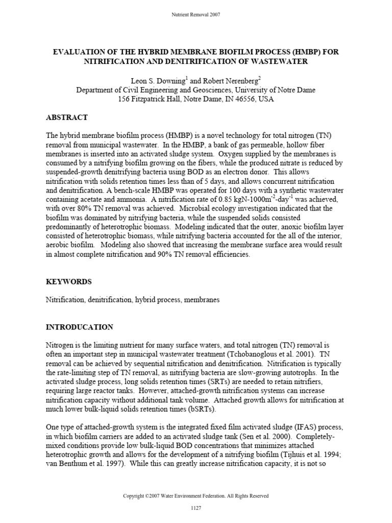 Hybrid Membrane Biofilm Process for TN Removal | PDF | Sewage Treatment ...