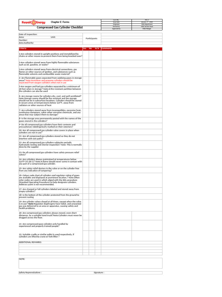 Compressed Gas Cylinder Checklist | PDF | Gases | Valve