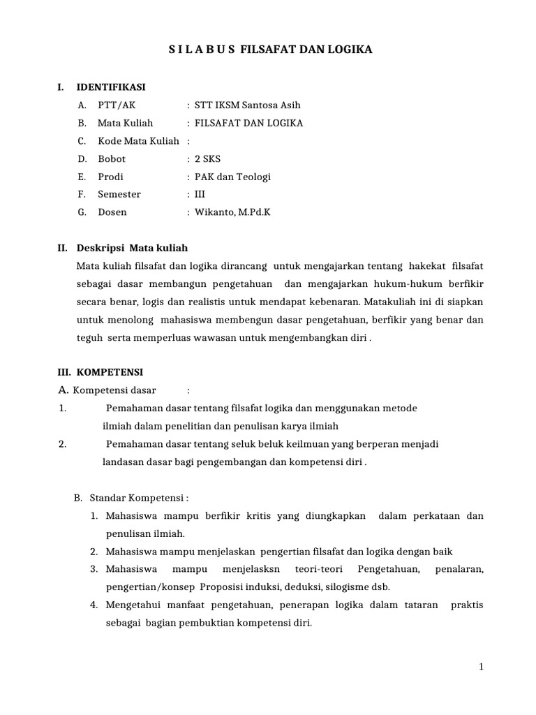 Silabus Filsafat dan Logika STT IKSM | PDF