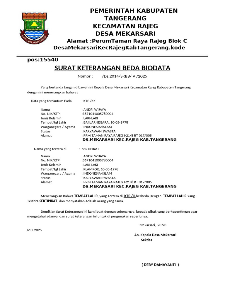 Keterangan Beda Biodata | PDF