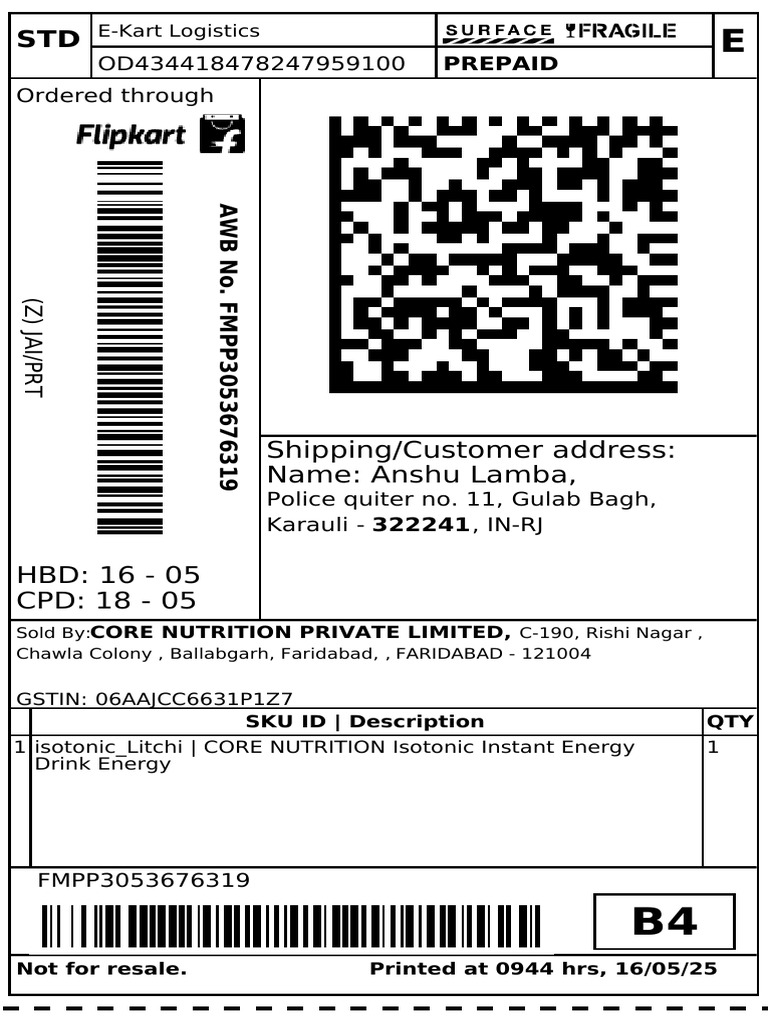 Flipkart Seller Label for Core Nutrition | PDF