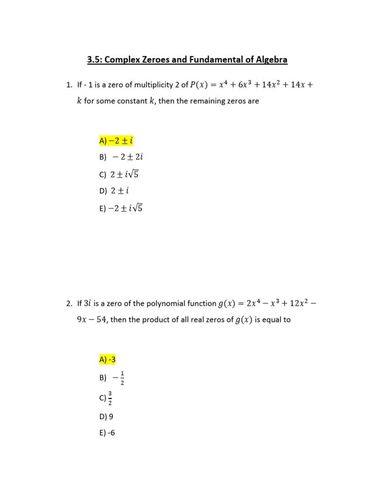 3.5: Complex Zeroes and Fundamental of Algebra | PDF