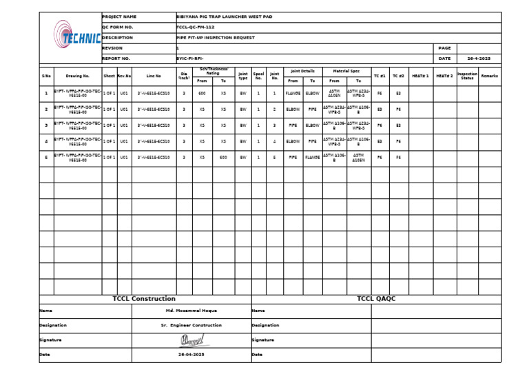 Pipe Fit-Up Inspection, RFI-2 | PDF | Pipe (Fluid Conveyance) | Equipment