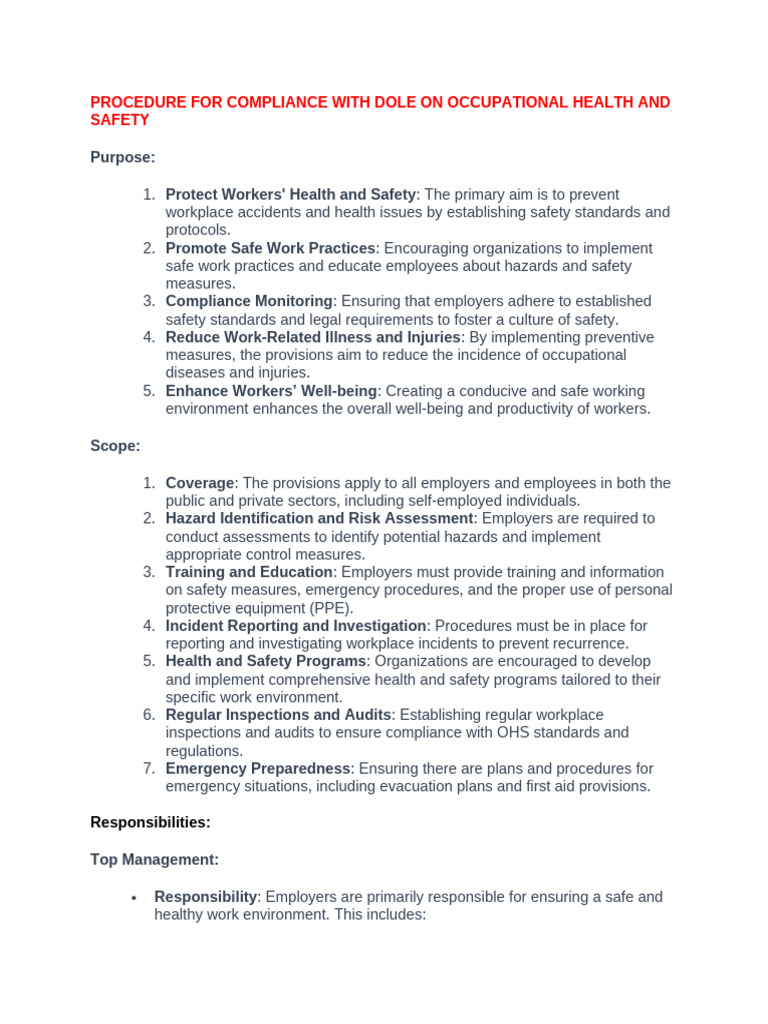 Procedure For Compliance With DOLE On Occupational Health and Safety ...