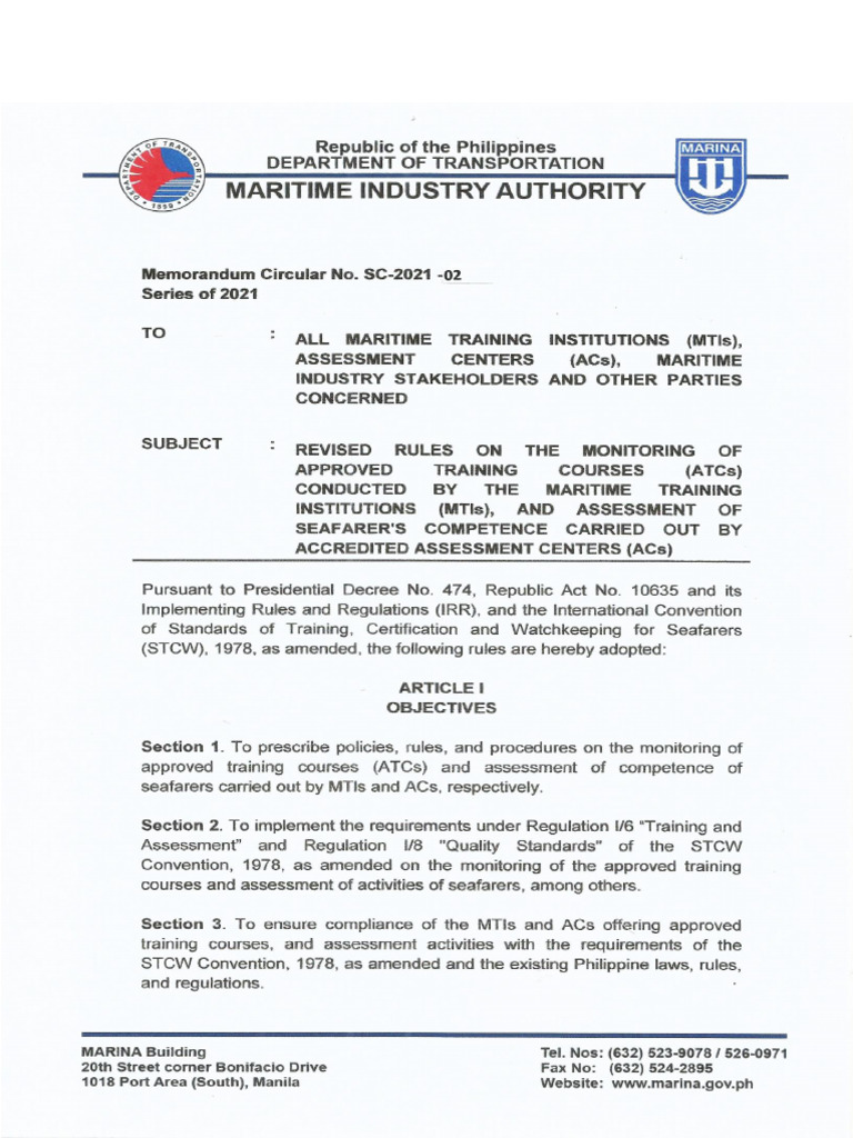 MARINA Circular - 2021-02 - Revised Rules On The Monitoring of Approved ...