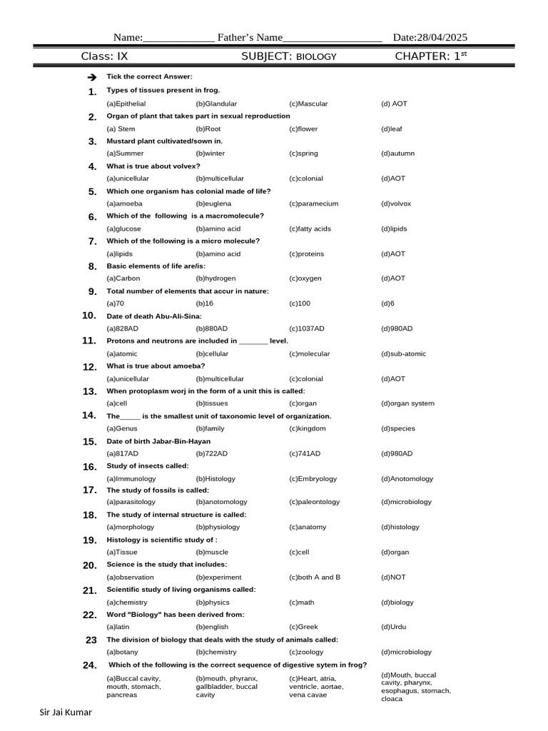 Biology 9th Class 1st Chpter 28april2025 | PDF | Biology | Acid