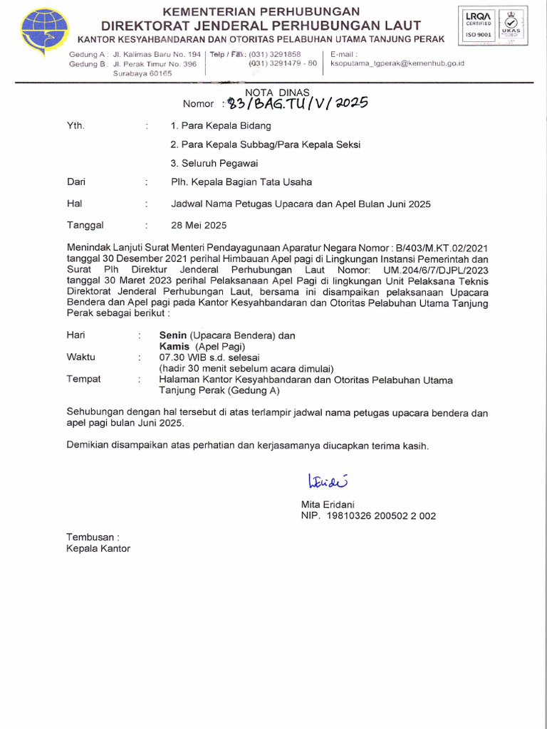 ND Jadwal Nama Petugas Upacara Dan Apel Bulan Juni 2025 | PDF