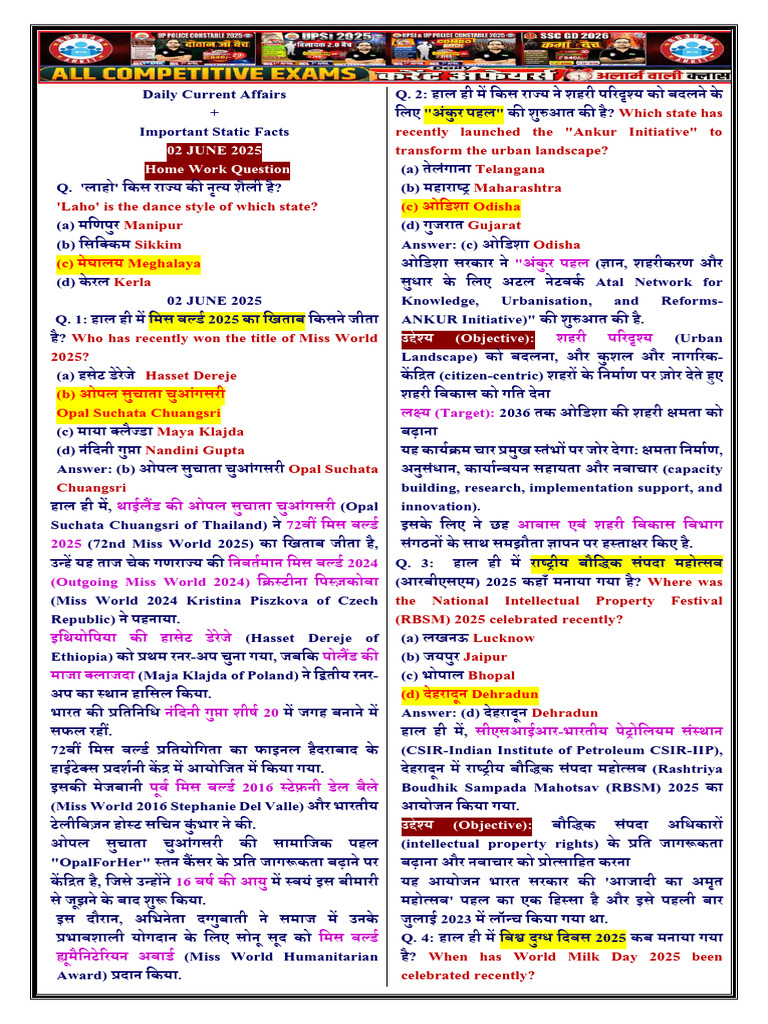 02 JUNE 2025 Current Affairs Aadarsh Sir-2 | PDF